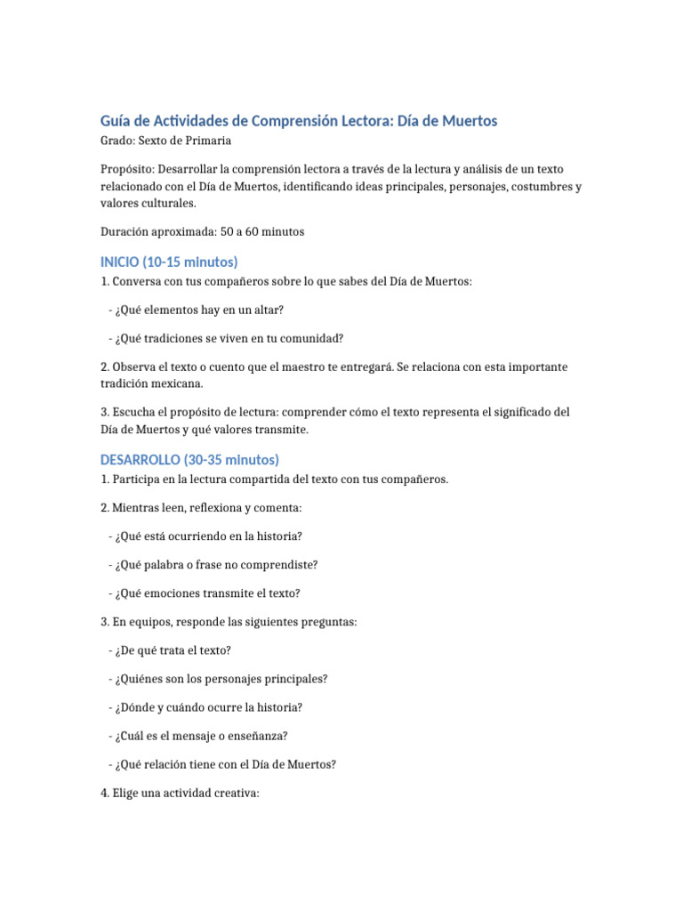 Guia Comprension Lectora Dia de Muertos | PDF