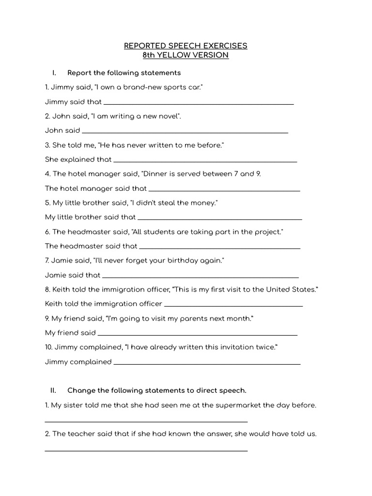 Reported Speech Exercises for 8th Grade | PDF