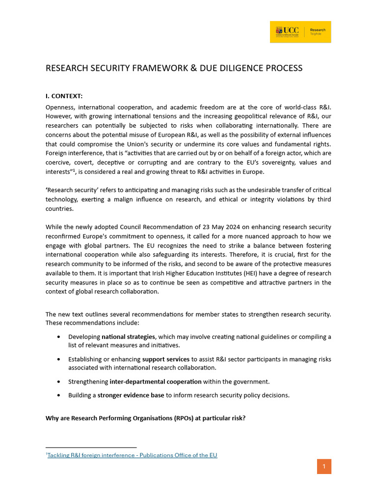 Research Security Framework & Due Diligence Process: I. Context | PDF ...