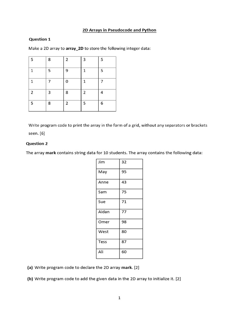 2D Arrays in Pseudocode and Python | PDF