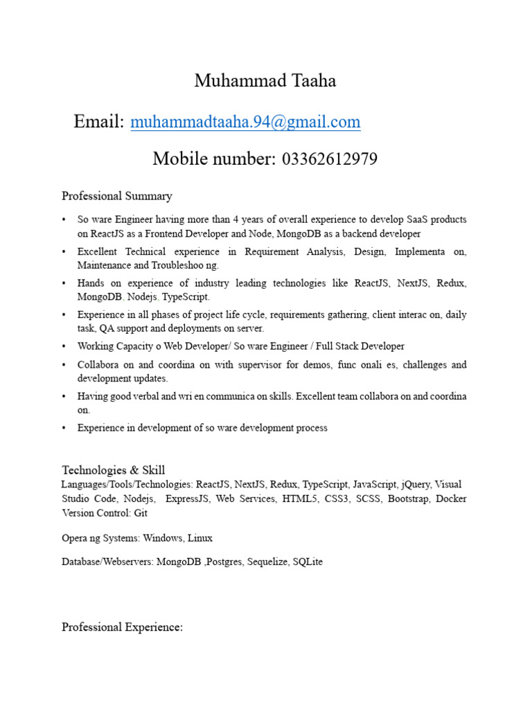 Full Stack Developer Resume: Muhammad Taaha | PDF | Software | Web ...