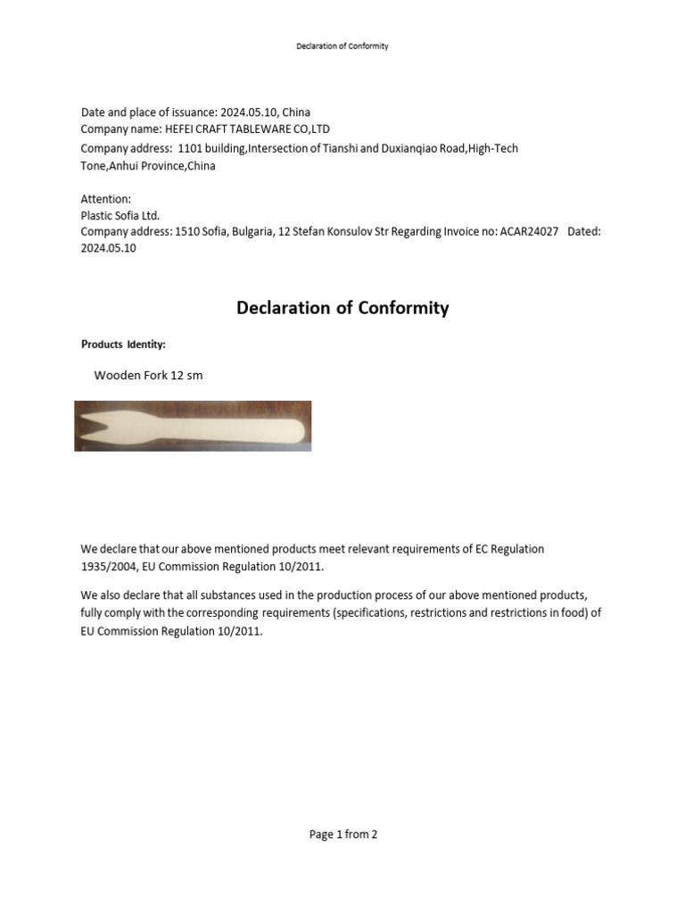 Wooden Forks 12sm Declaration of Conformity | PDF