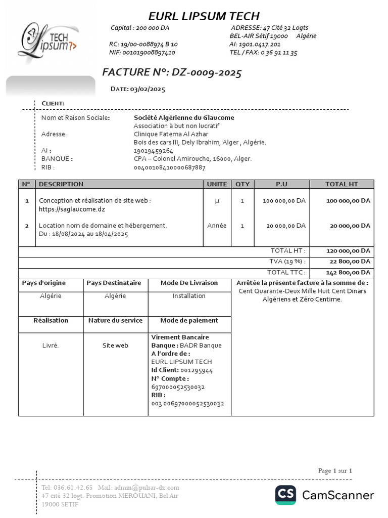 Facture EURL LIPSUM TECH - Site Web 2025 | PDF | Paiements