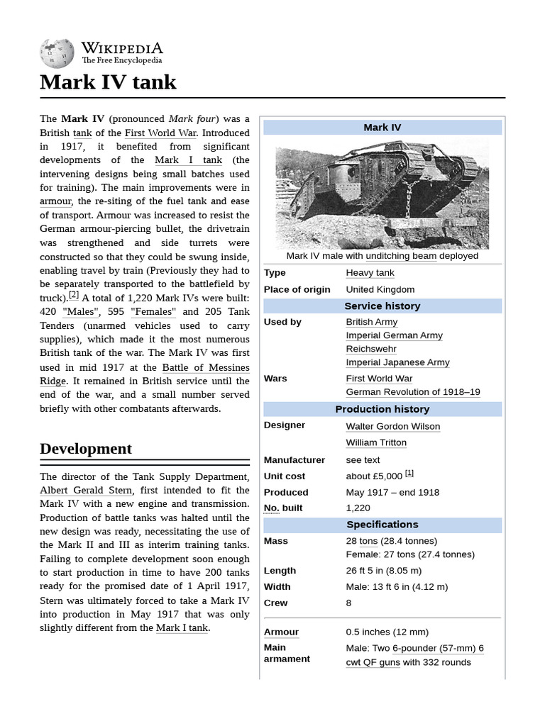 Mark IV Tank: WWI Heavy Tank Overview | PDF | Armoured Fighting ...