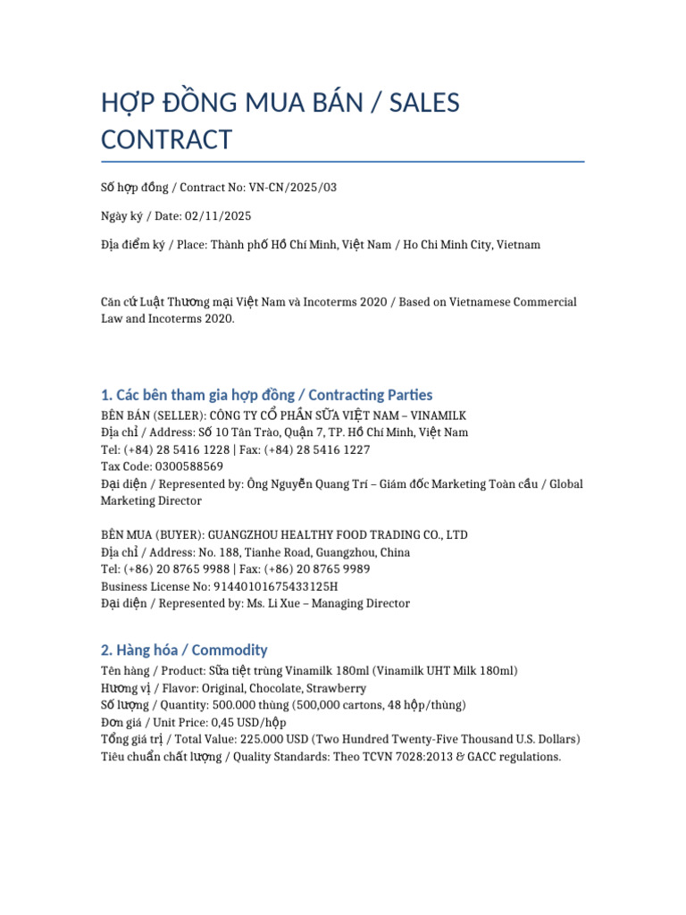 Sales Contract Vinamilk China FOB CatLai | PDF