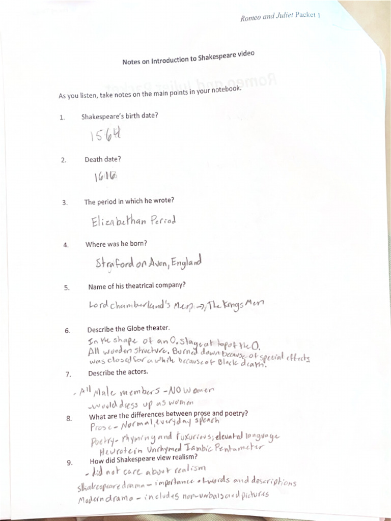 Romeo and Juliet Packet 1 | PDF