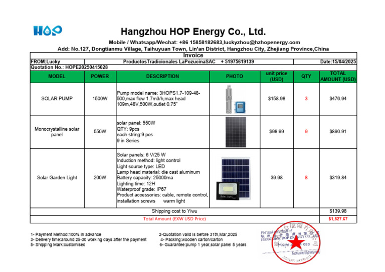 HOP Water Pump Solar Panel Solar Flood Light Invoice 2025.03.28 | PDF ...