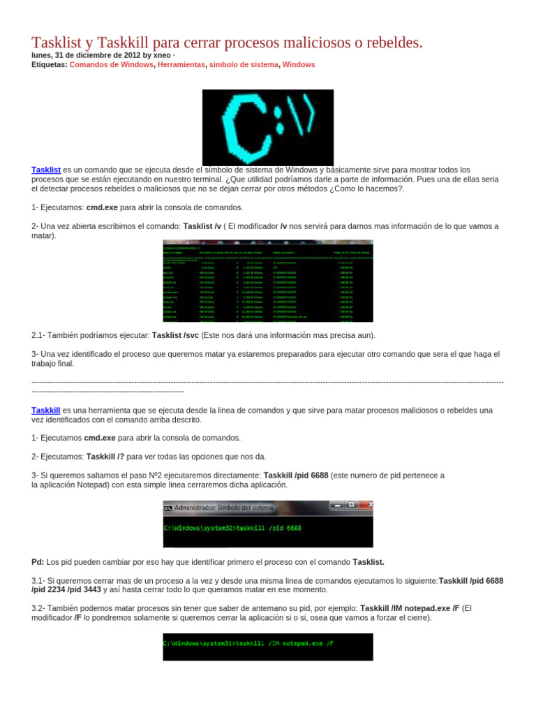 Tasklist y Taskkill para Cerrar Procesos Maliciosos o Rebeldes | PDF