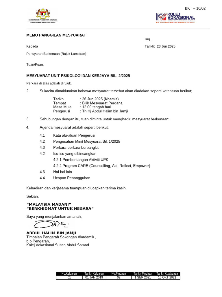 Memo Panggilan Mesyuarat - Docx (UPK BIL 2) | PDF