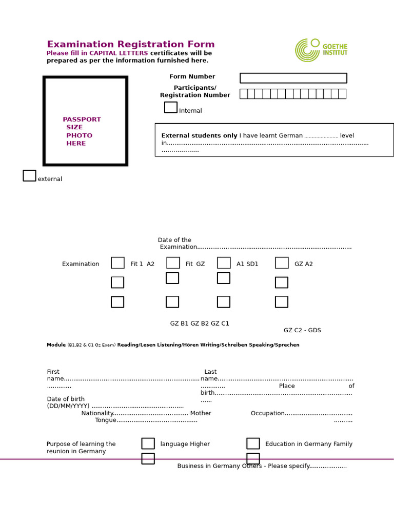 Goethe Examination Registration Form | PDF | Identity Document