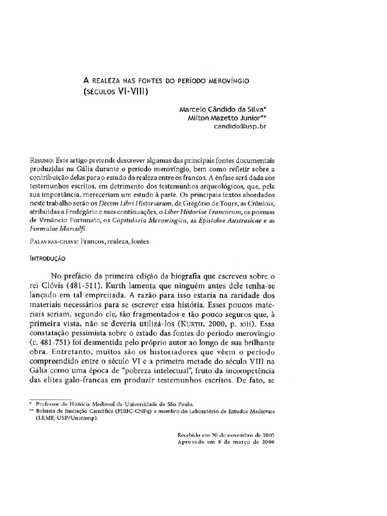 A Realeza Nas Fontes Do Periodo Merovingio Seculos VI VIII | PDF