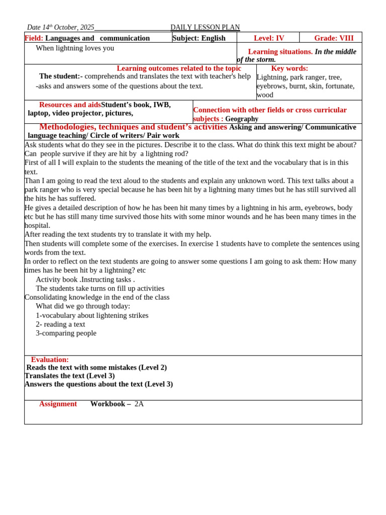 English Lesson Plan: Lightning Strikes | PDF | Language Education ...