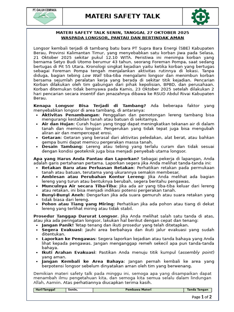 Materi Safety Talk - Hse & Hrga-Fa | PDF