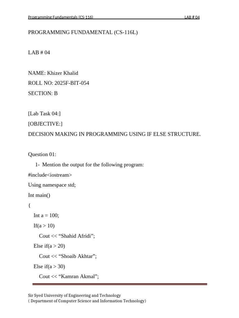 Programming Fundamental Lab 04-1 | PDF | Physical Sciences | Computer ...