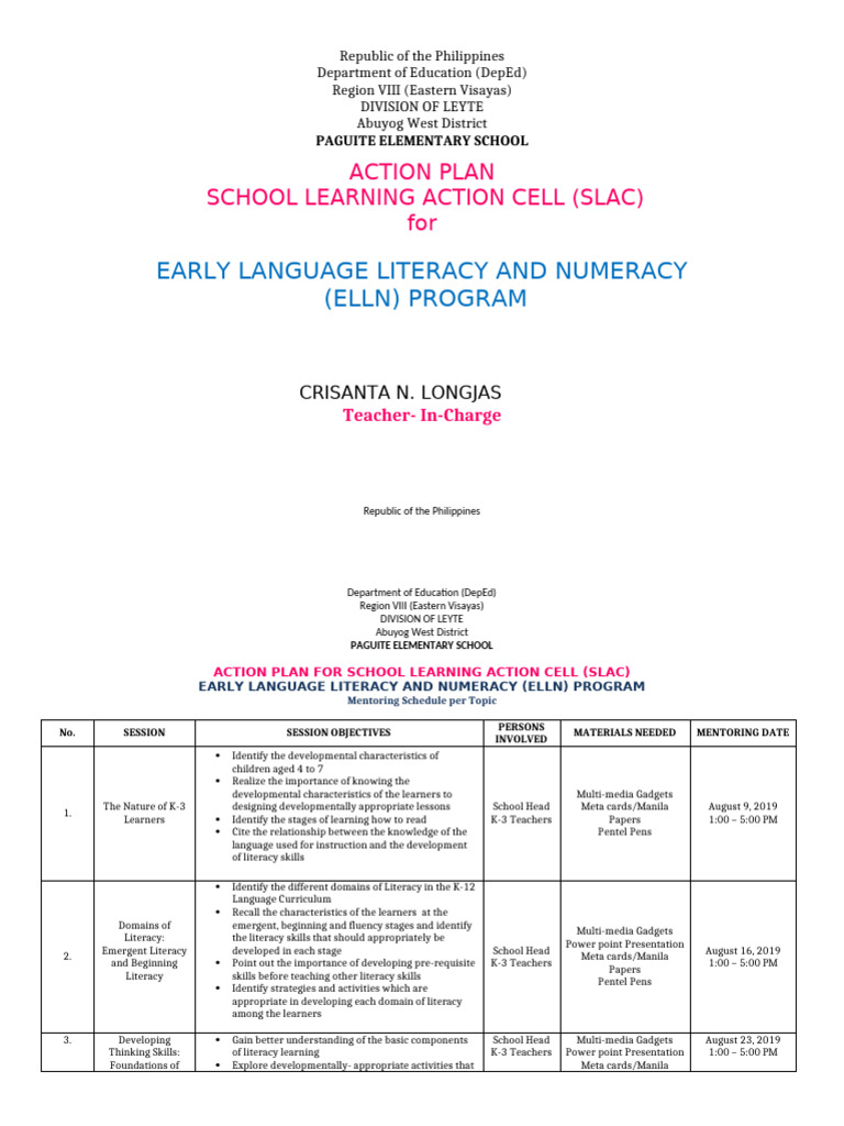 Action Plan For Slac | PDF | Educational Assessment | Literacy