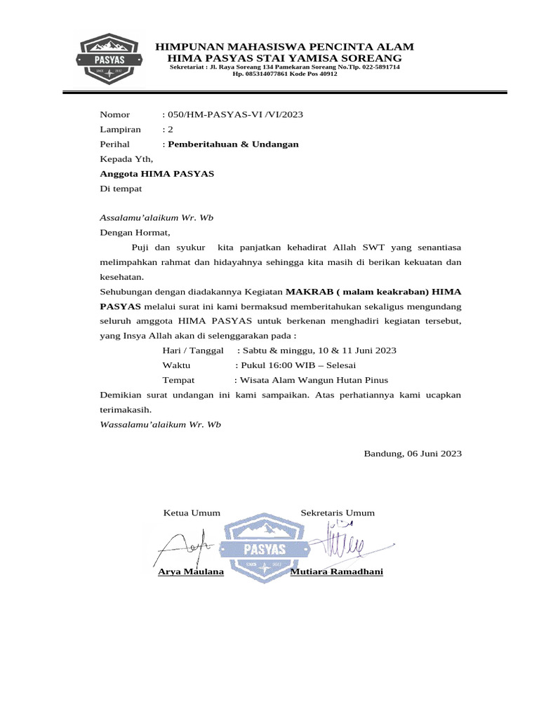 Surat Undangan Anggota Hima Pasyas - 050-Vi-23 | PDF