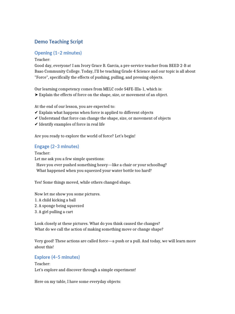 Demo Teaching Script Force | PDF