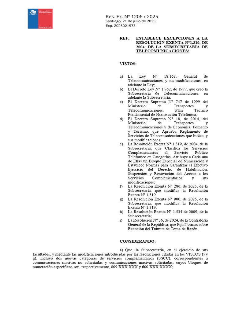 RESOLUCIÓN EXENTA N° 1206 2025 SUBTEL EXCEPCIONES PREFIJOS | PDF