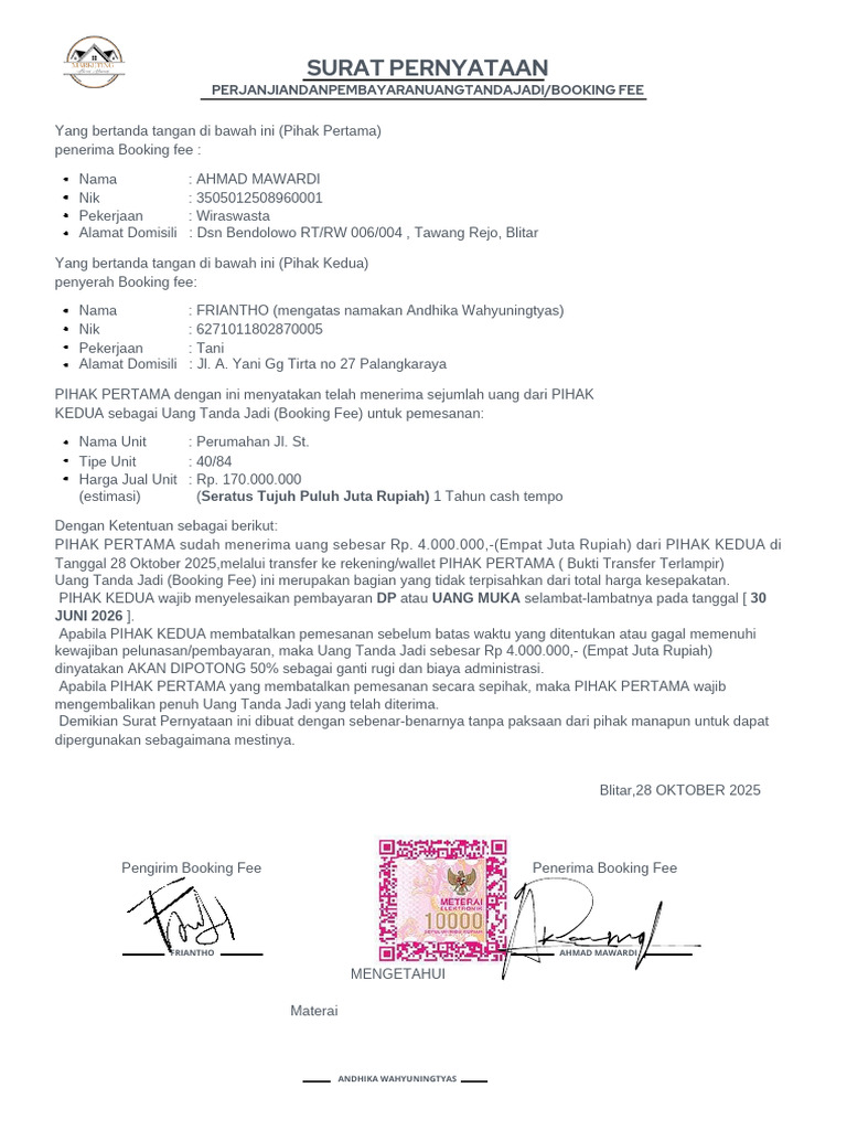 Surat Perjanjian Booking Fee Perumahan | PDF