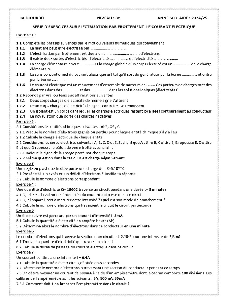 Exercices sur l'électrisation et le courant | PDF | Charge électrique ...