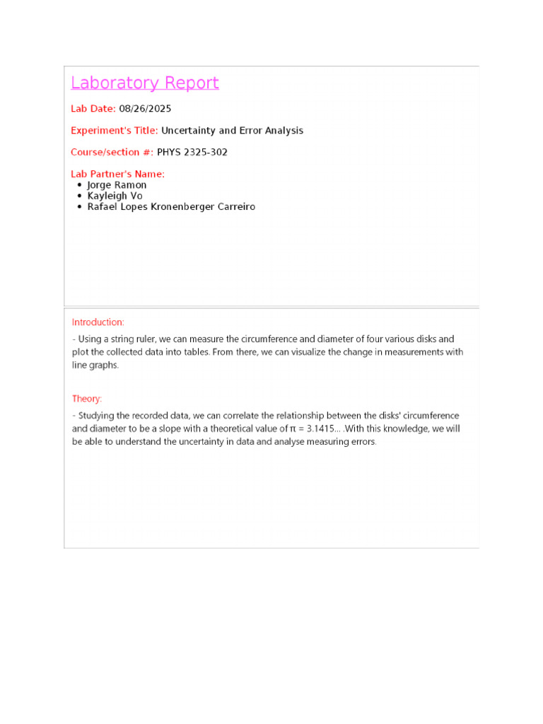 Lab Report - Lab 1 Uncertainty and Error Analysis | PDF