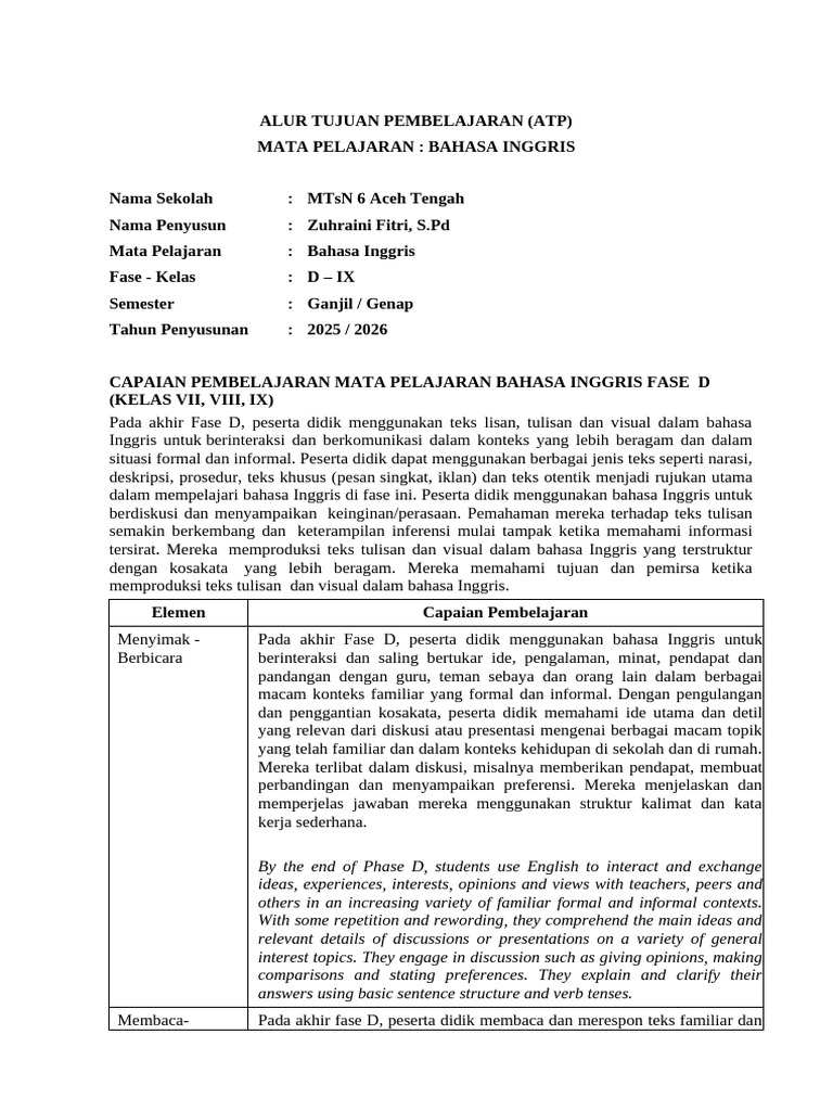 Alur Tujuan Pembelajaran Bahasa Inggris | PDF