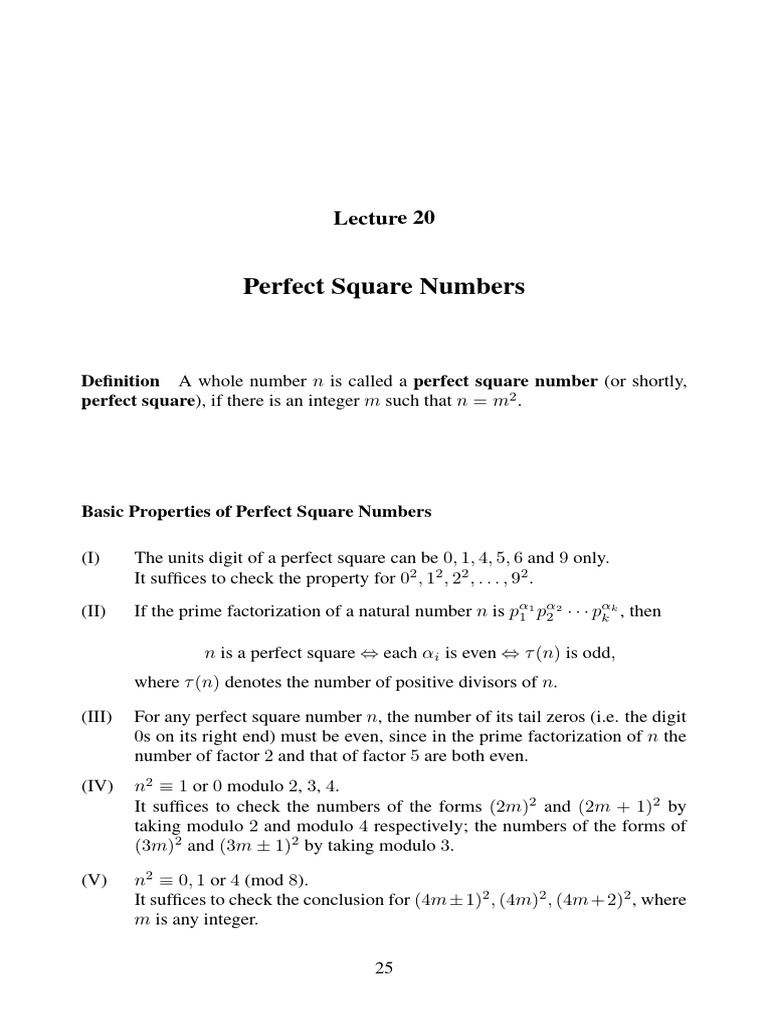 First 20 Perfect Square Numbers | PDF | Numbers | Square Root