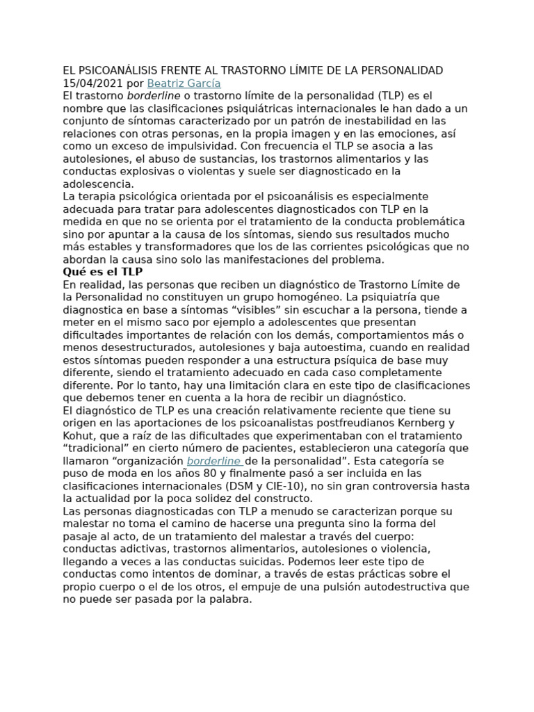 Psicoanálisis Borderline Berta Gonzalez | PDF | Trastorno límite de la ...