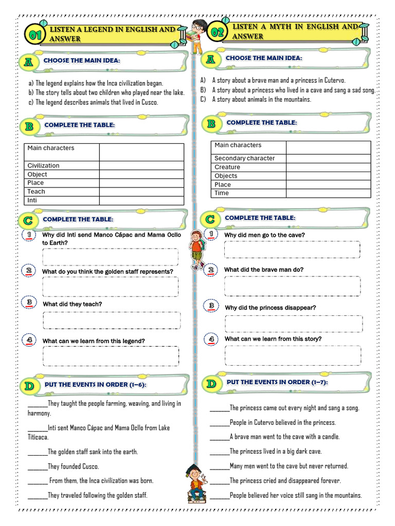 Ficha 01 - Sem 01 - Jec - A1 - Legends and Myths | PDF | Folklore | Inca Empire