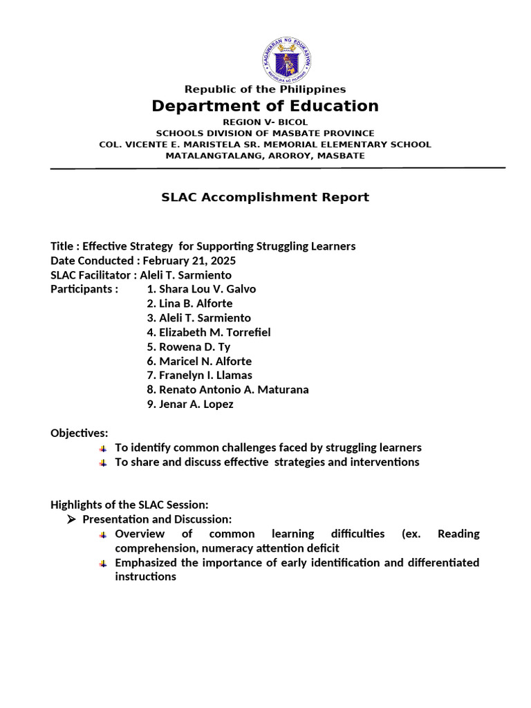 Accomplishment Report SLAC 7 | PDF