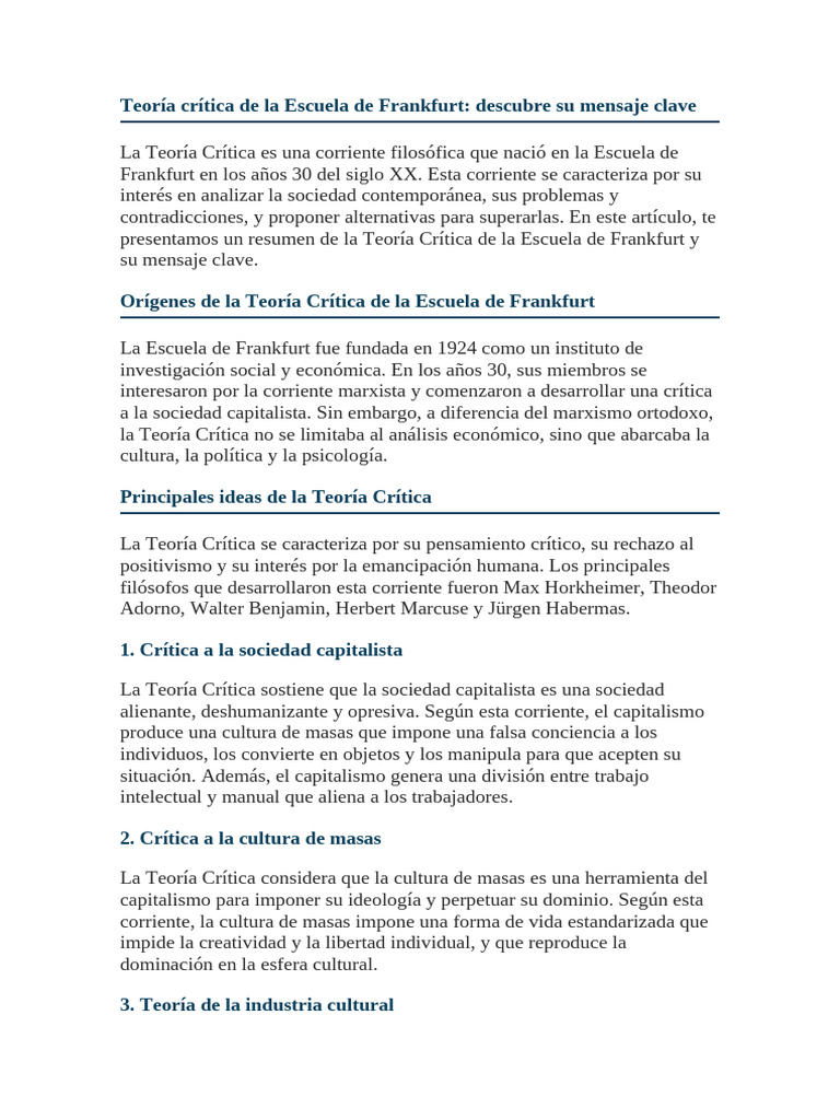 Teoría Crítica de La Escuela de Frankfurt | PDF | La teoría crítica ...
