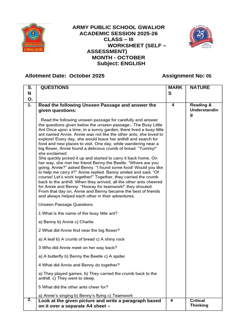 English Class 3 October WORKSHEET 2025 | PDF