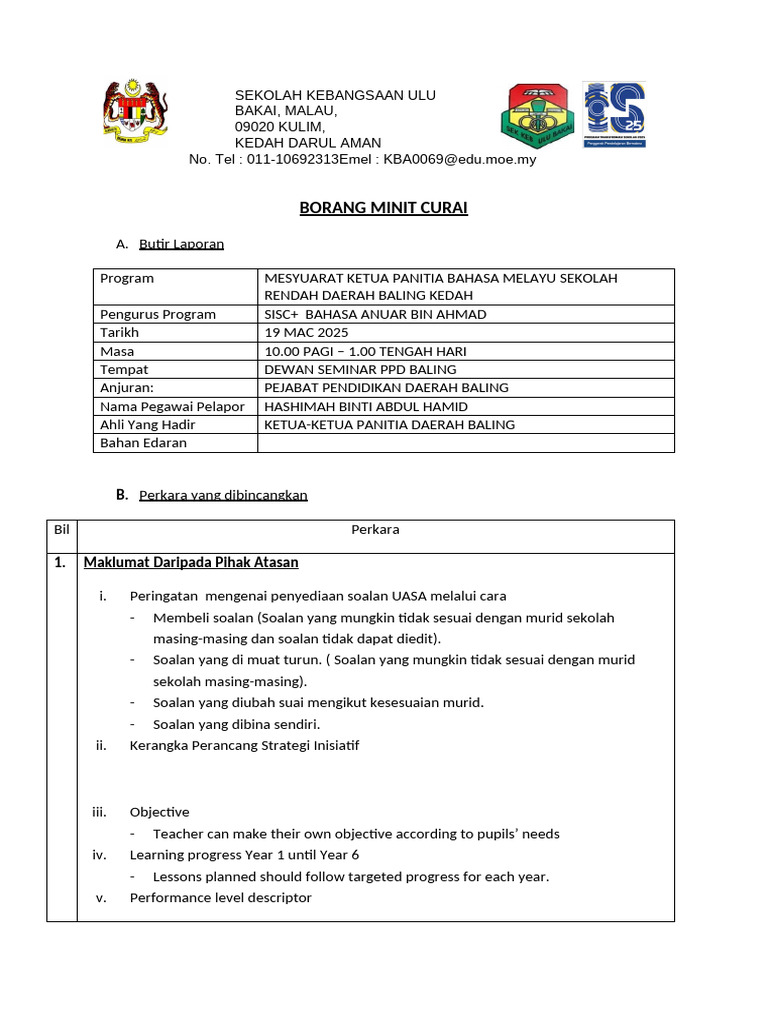 Minit Curai Mesrt KP BM PPD Baling | PDF | Education Theory | Linguistics