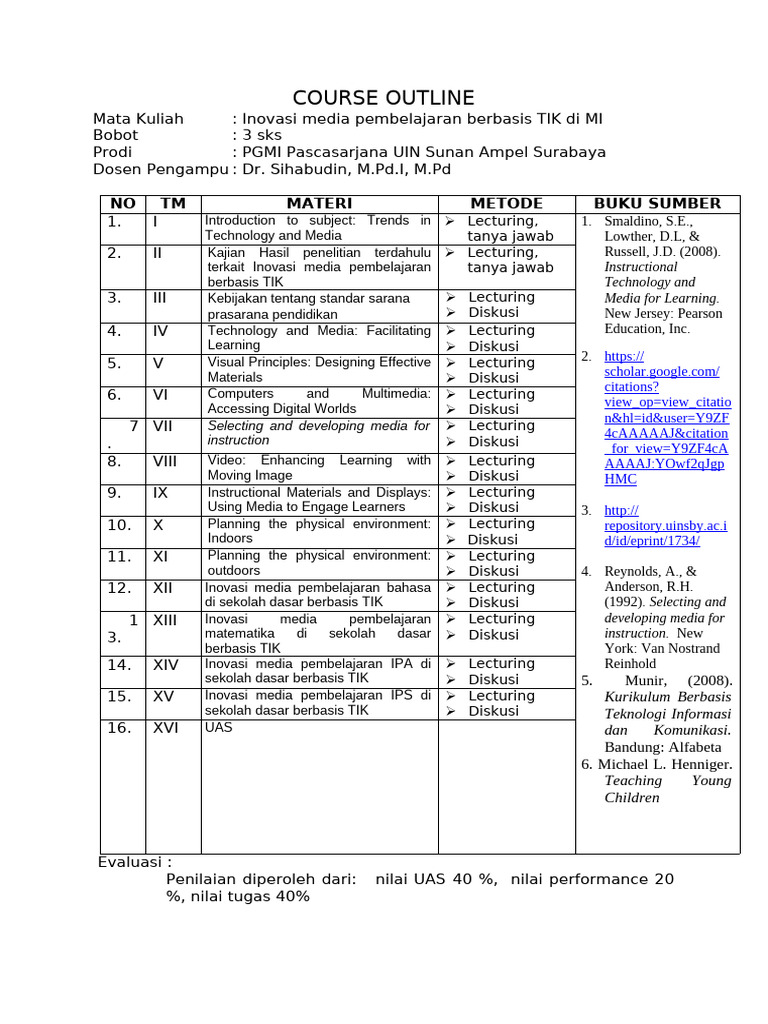 Course Outline Inovasi Media Pembelajaran Berbasis Tik Di Mi | PDF