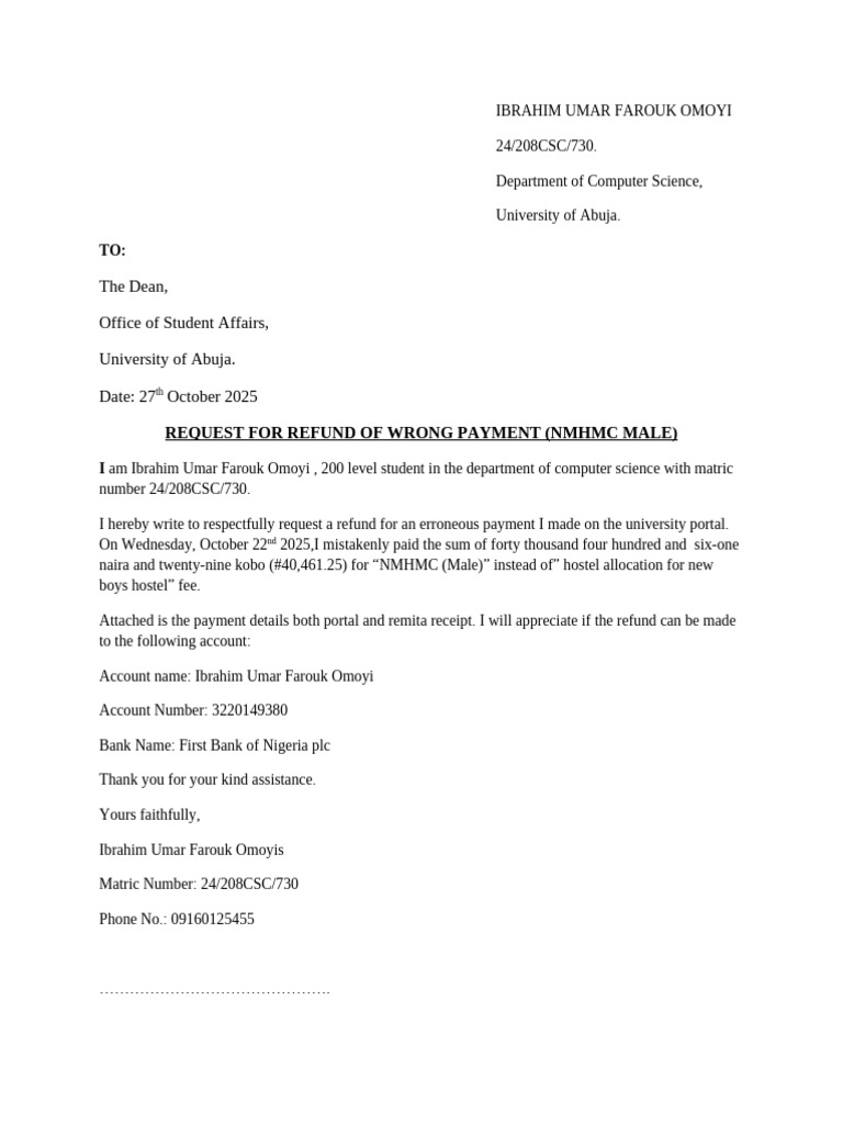 Request for Refund of Erroneous Payment | PDF