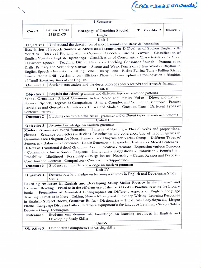 Teaching Special English: Course Outline | PDF | English Language | Speech