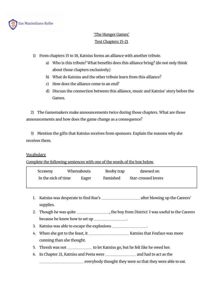 The Hunger Games' Chapters 15-21 Test | PDF