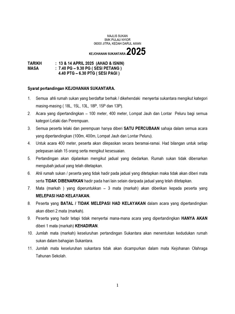 Kejohanan Sukantara 2025 SMK Pulau Nyior | PDF