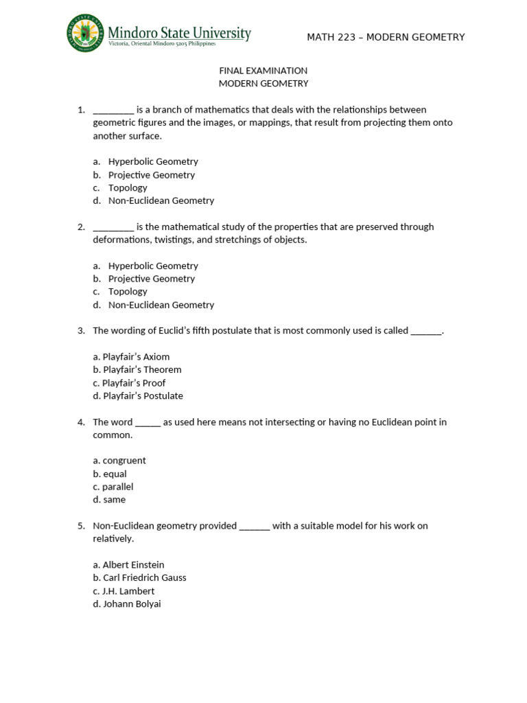 Modern Geometry FINAL EXAM Questionnaire - Fernandez | PDF | Non ...