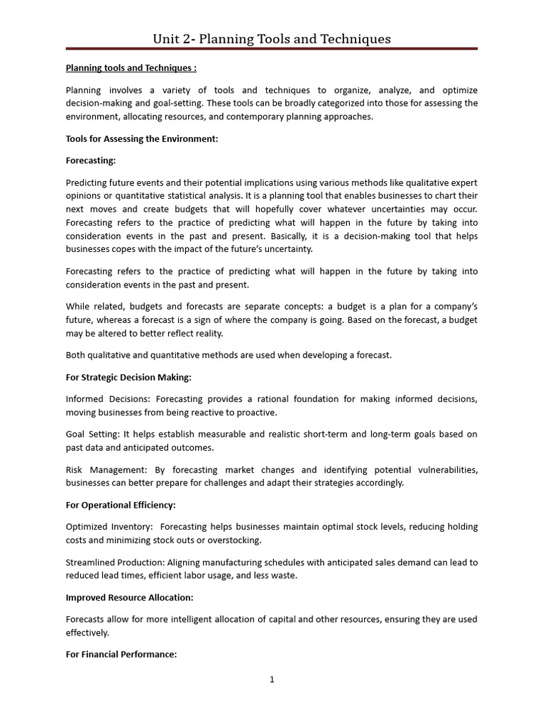 Unit 2 - Planning Tools - Techniques | PDF | Forecasting | Decision Making