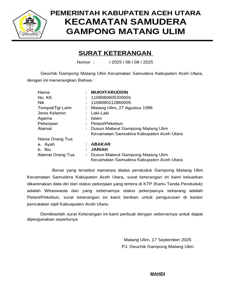 Surat Keterangan Kesalahan Pekerjaan Matang Ulim | PDF