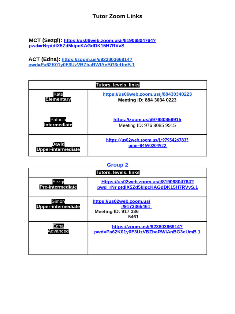 Tutor Zoom Links | PDF