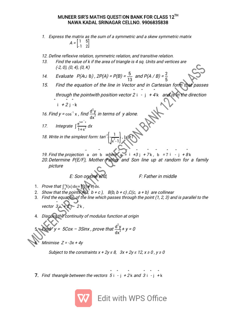 12th Class Maths Question Bank | PDF | Matrix (Mathematics) | Euclidean ...