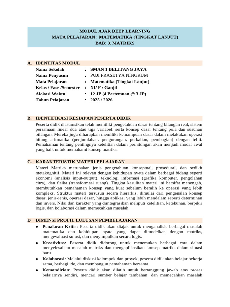 Modul Ajar Matematika: Konsep Matriks | PDF