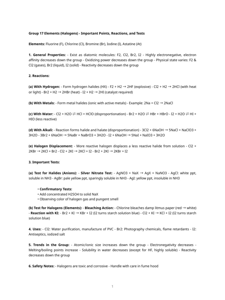 Group 17 Elements Summary | PDF | Chlorine | Periodic Table