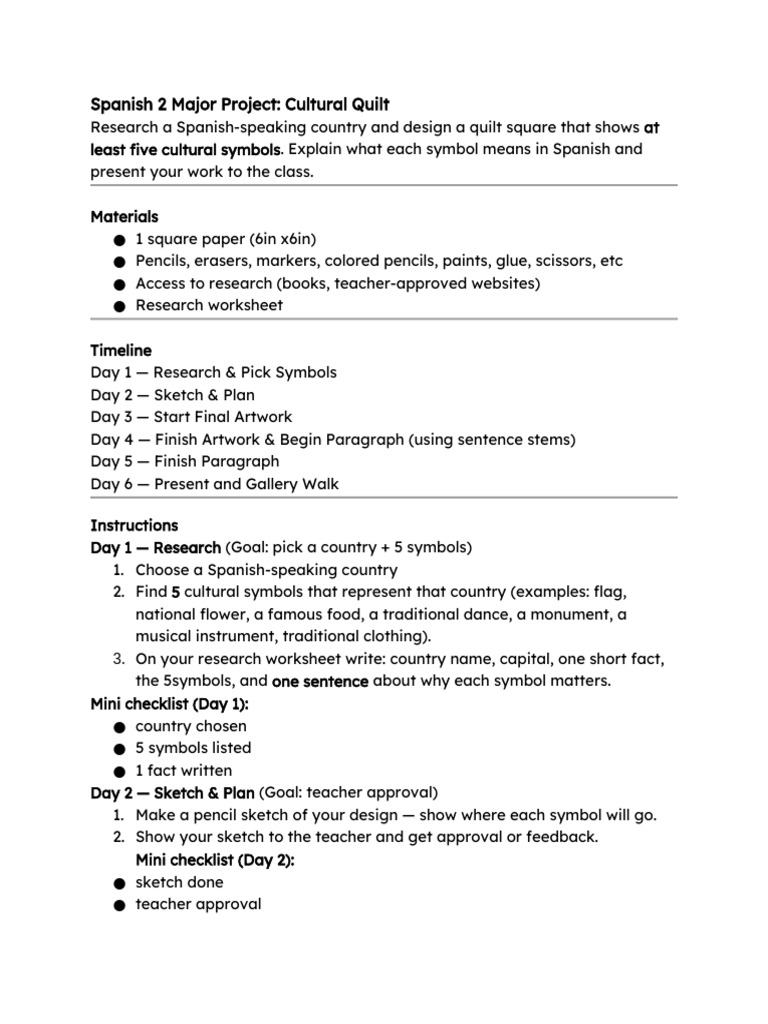 Spanish 2 Major Project - Cultural Quilt | PDF