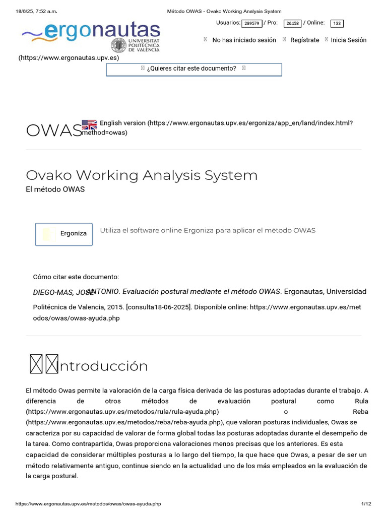 Método OWAS - Ovako Working Analysis System PDF | PDF | Frecuencia ...