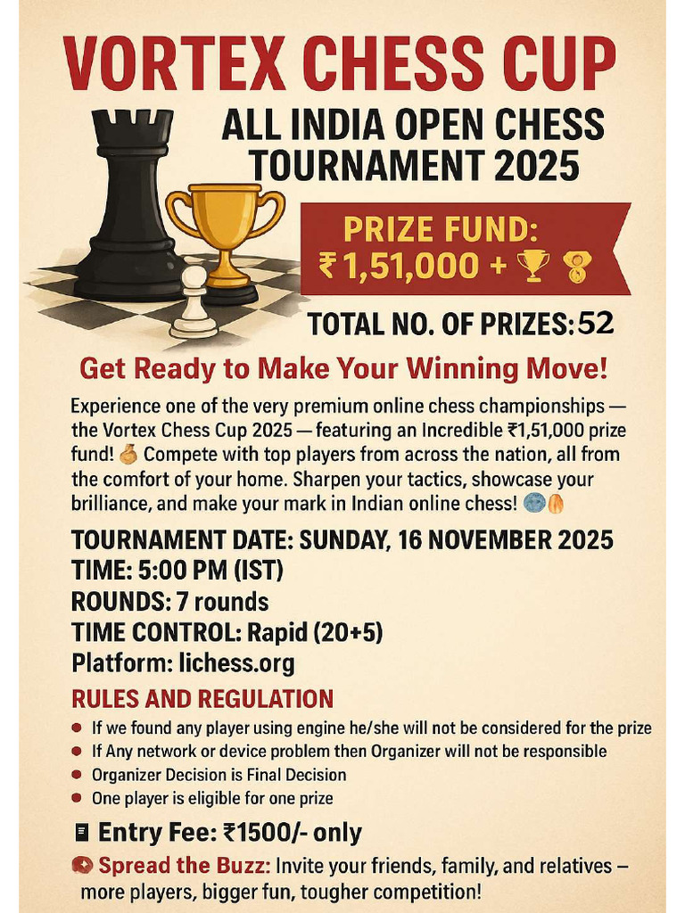 Vortex Chess Cup All India Open Chess Tournament | PDF