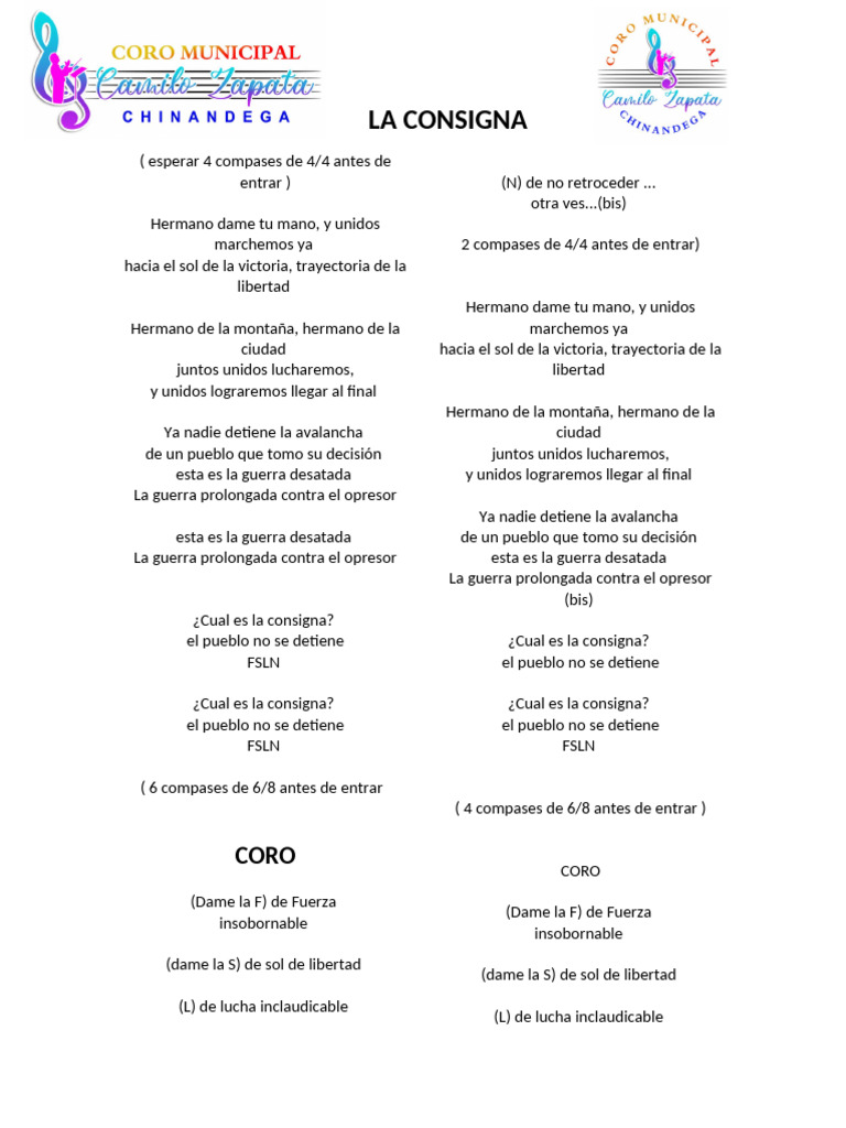 Letra de "La Consigna" FSLN | PDF