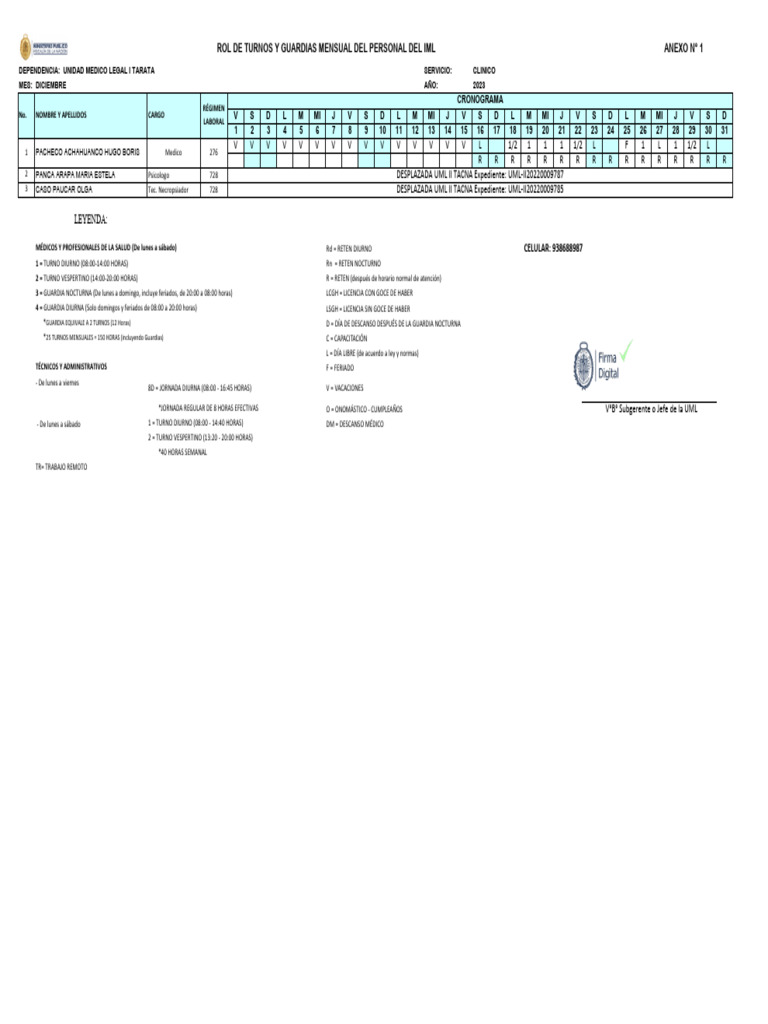 3 Rol de Turno Diciembre 2023 - Uml I Tarata 2 (F) | PDF